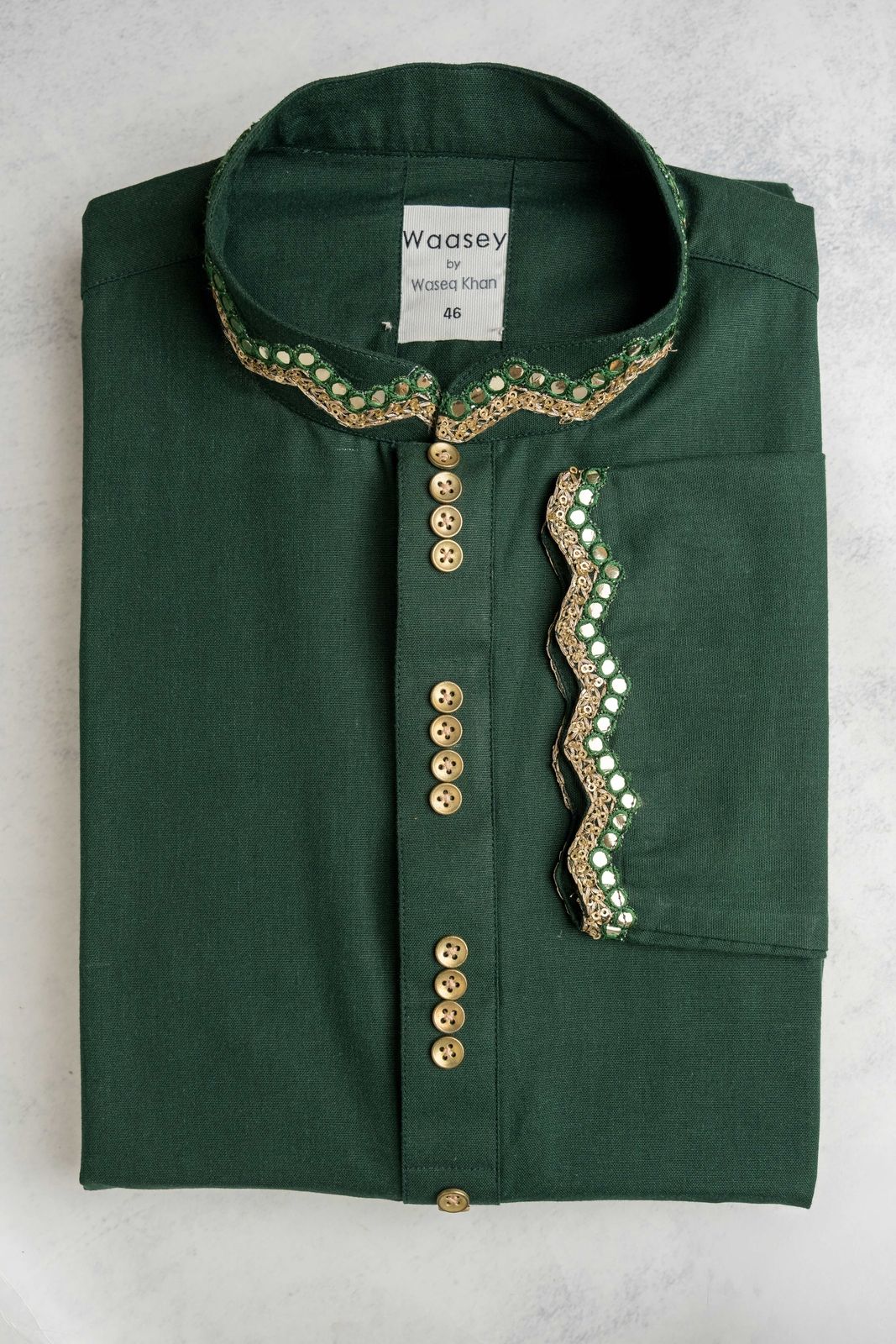 Green Panjabi with Gold Buttons and Embroidered Collar | Waasey