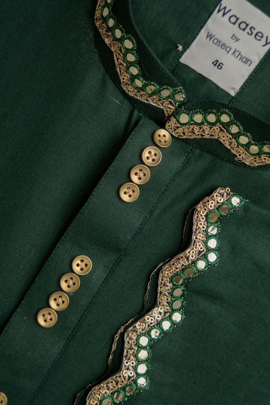 Green Panjabi with Gold Buttons and Embroidered Collar | Waasey