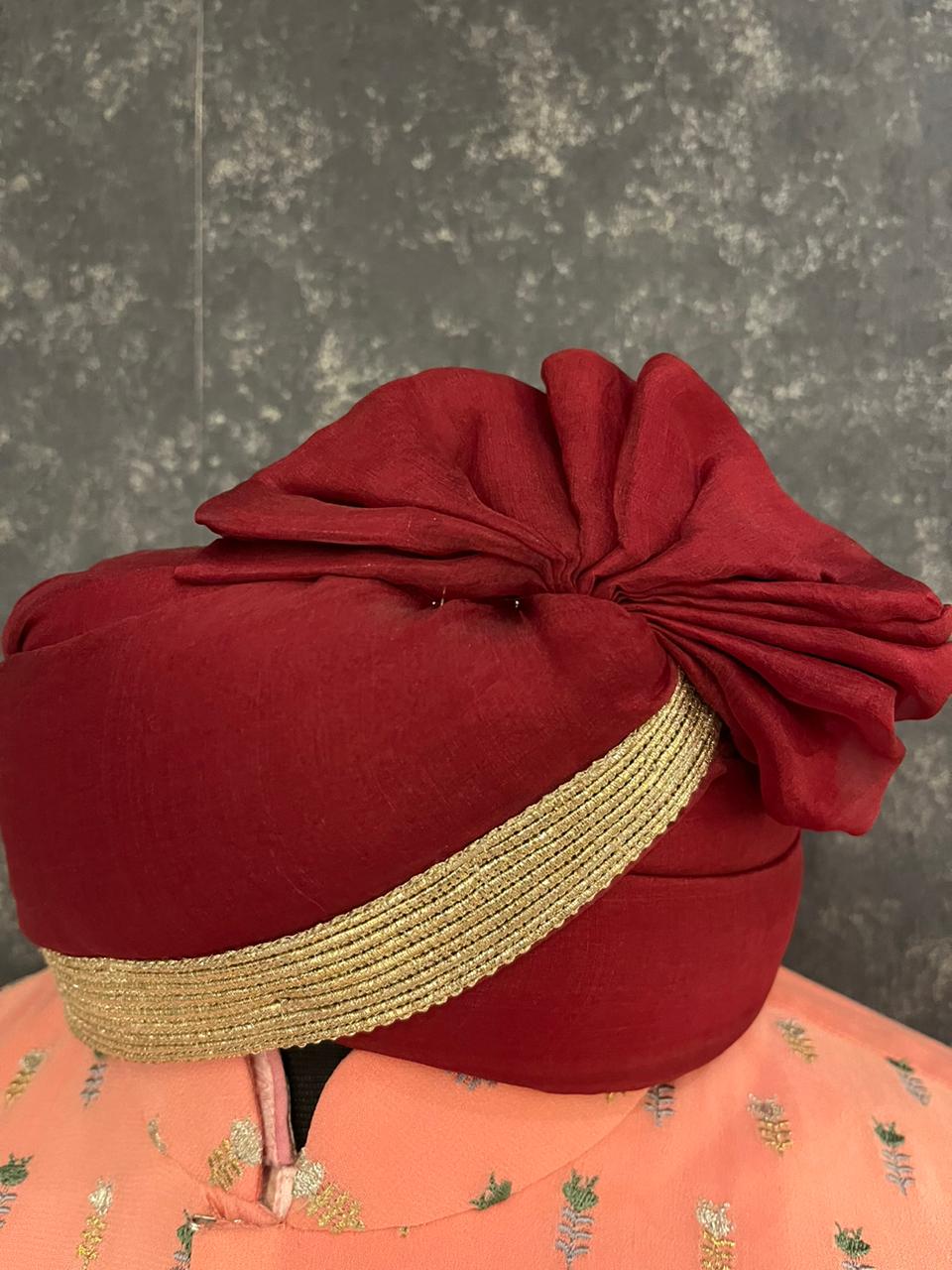 Red Pagri with Gold Trim and Traditional Knot | Waasey