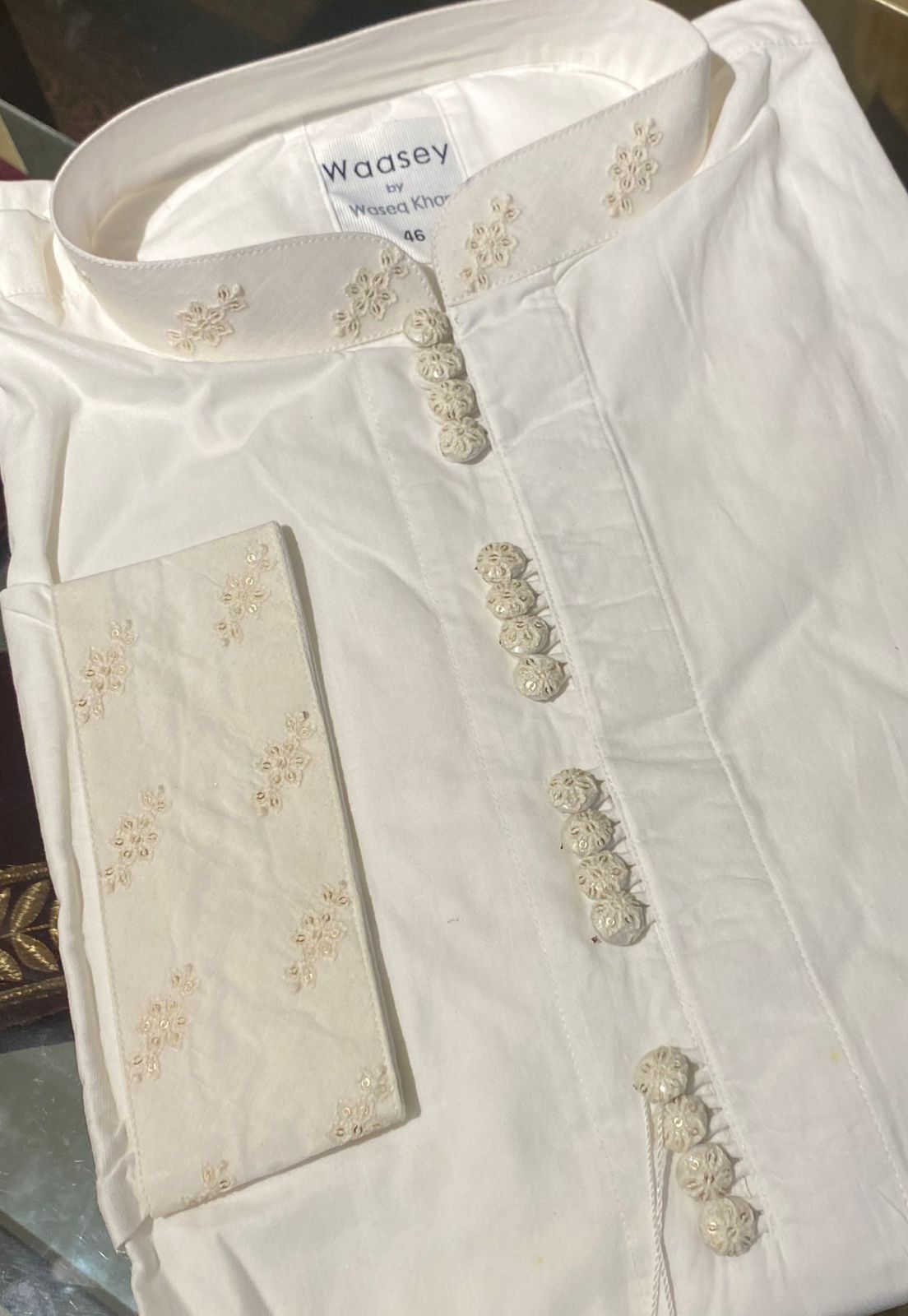 White Embroidered Panjabi with Delicate Floral Detailing | Waasey