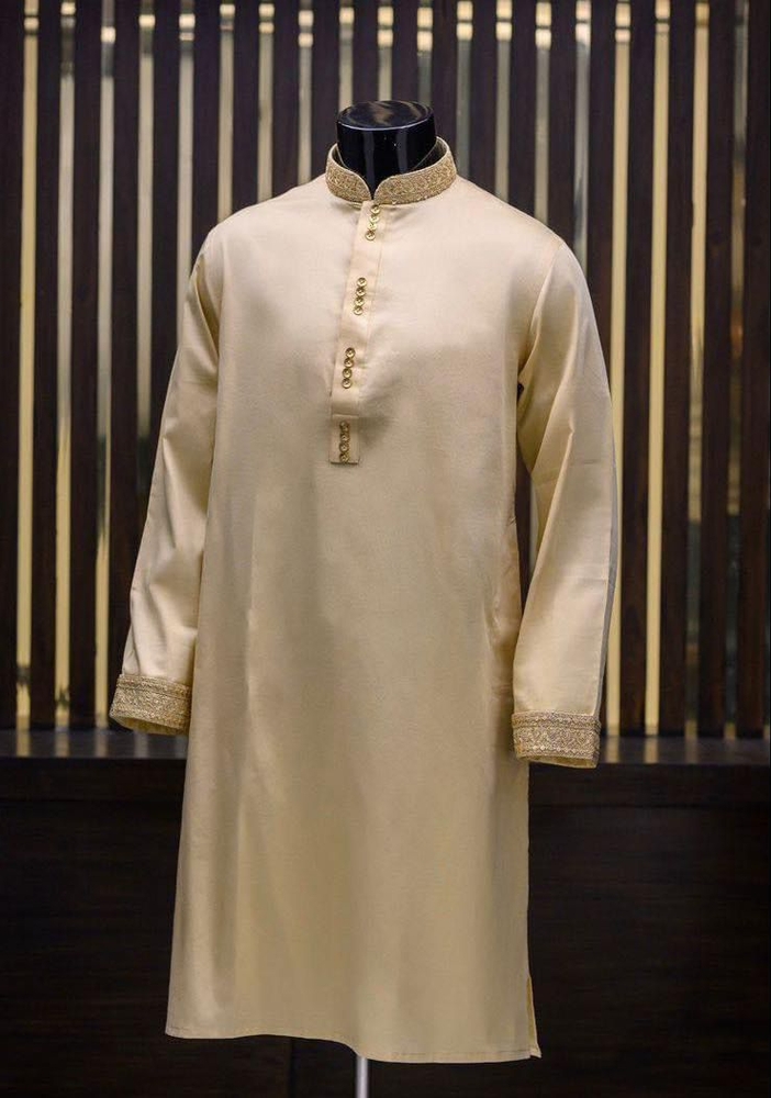 Beige Panjabi with Gold Embellished Collar and Cuffs | Waasey