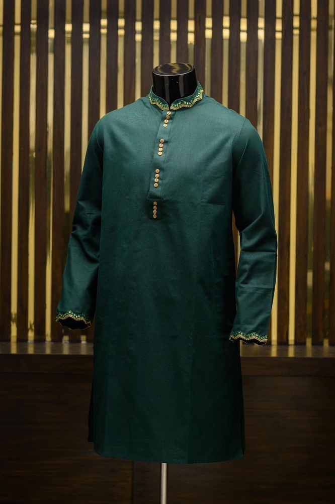 Green Panjabi with Gold Buttons and Embroidered Collar | Waasey