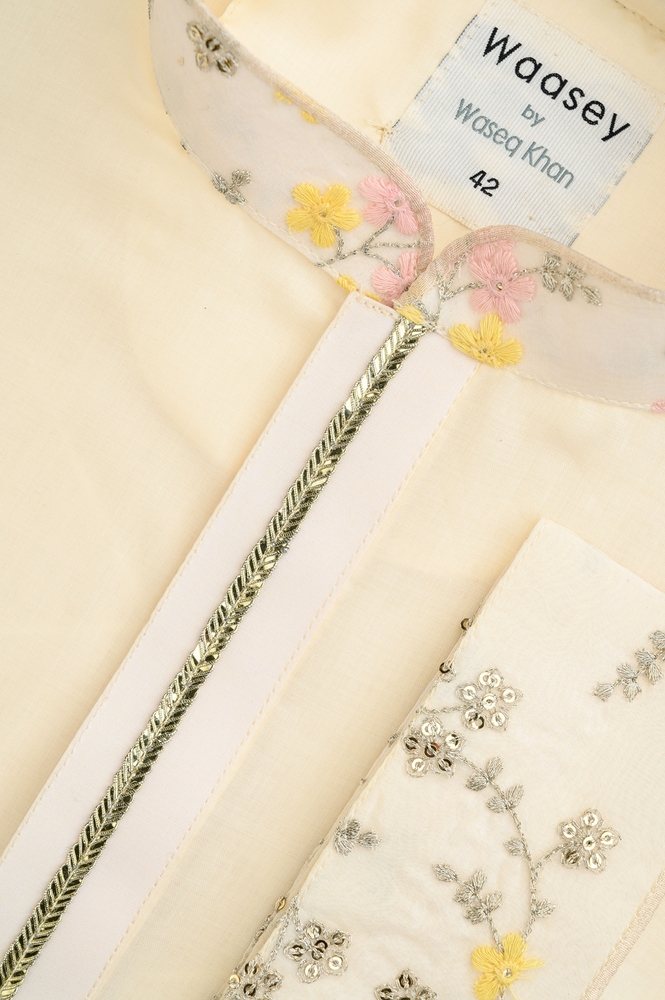 Cream Panjabi with Delicate Floral Collar Embroidery | Waasey