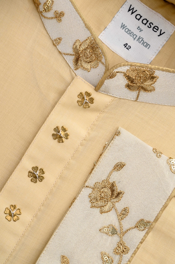 Light Cream Panjabi with Golden Floral Embroidery | Waasey