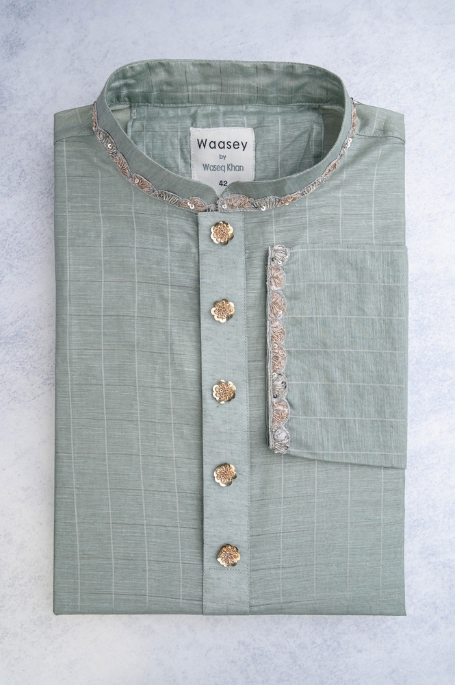 Green Panjabi with Silver Embroidered Collar | Waasey