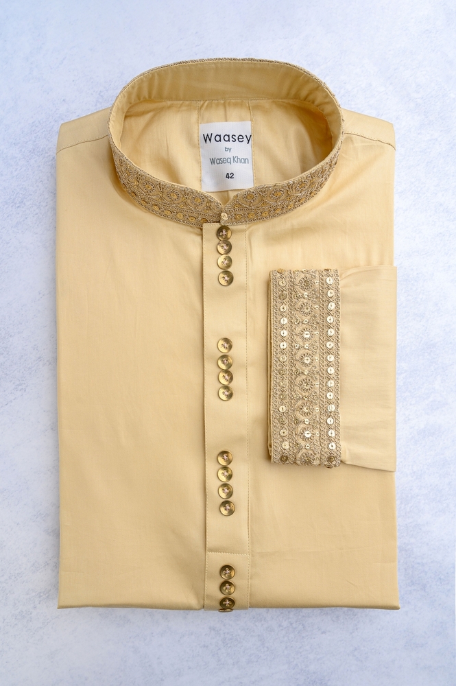Beige Panjabi with Gold Embellished Collar and Cuffs | Waasey