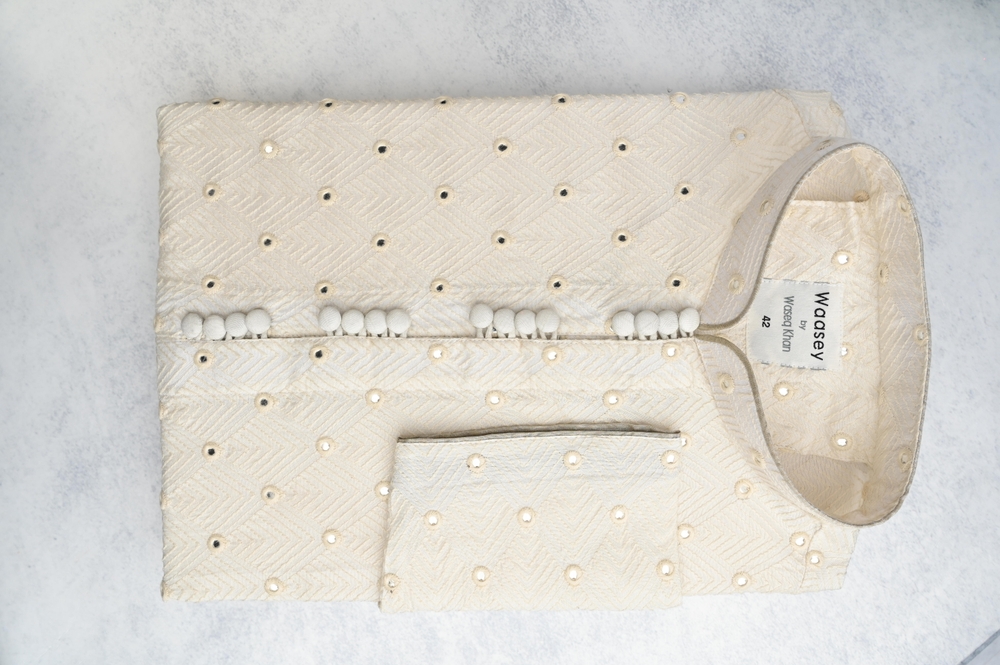 Cream Panjabi with White Sequins and Embroidered Detailing | Waasey